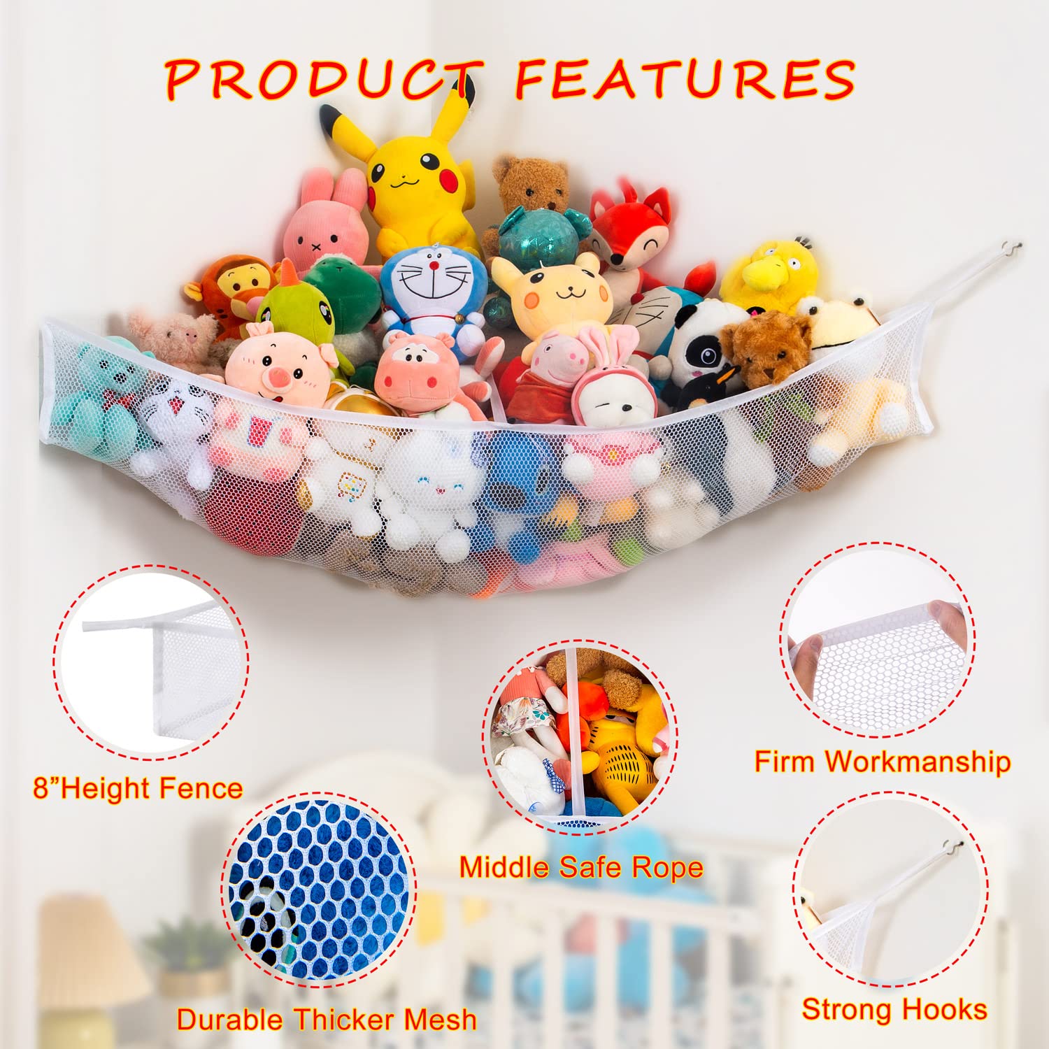 Large Stuffed Animal Net Hammock Corner (Min 3 Feet Right-angled Corner Space Each Side) Toy Organizer for Plushies Hanging Holder for Organizing your Teddy and Squishmallow (White 2 Pack, Large)