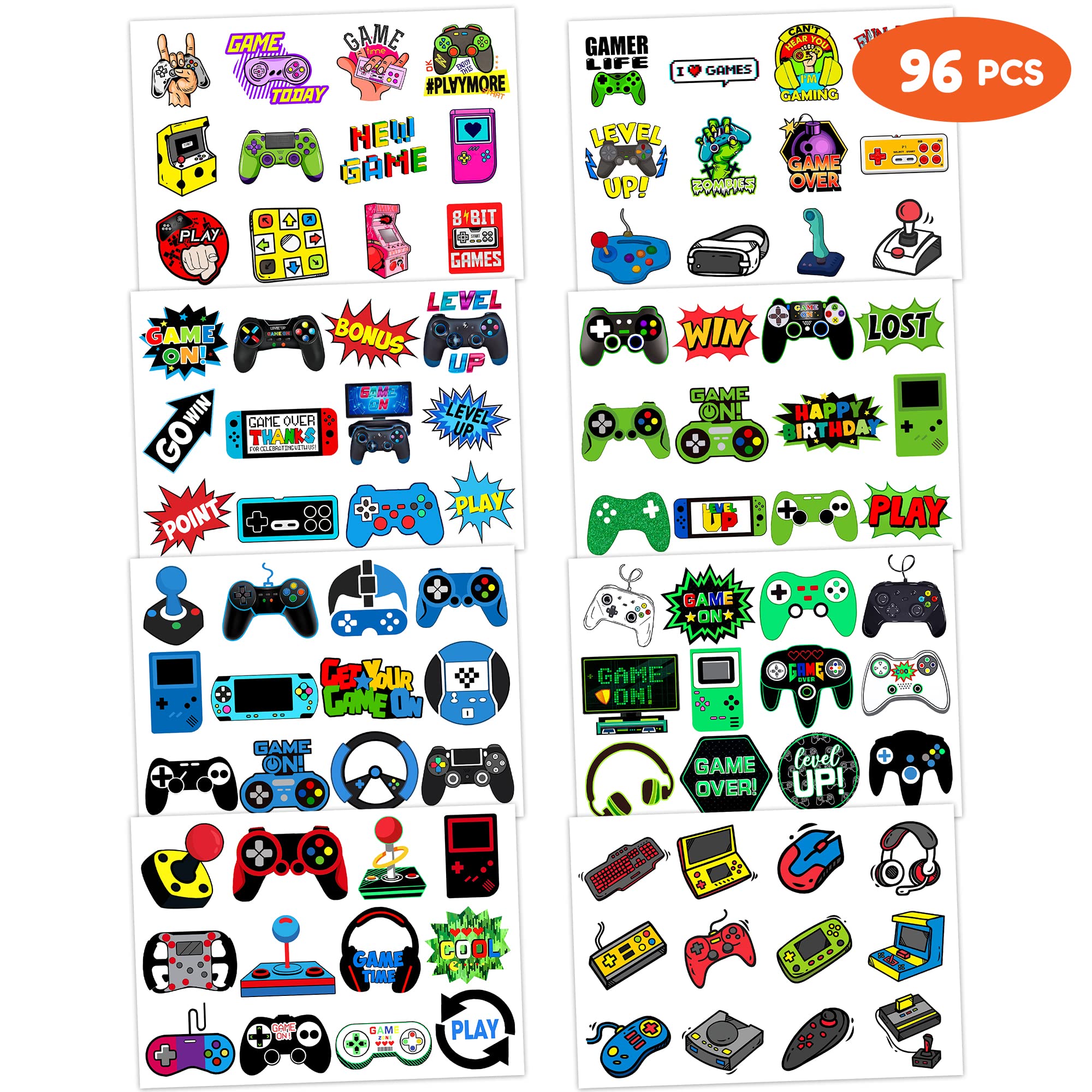 Gamer Temporary Tattoos Themed Birthday Party Decorations Supplies Favors Decor Cute Tattoo Stickers 8 Sheets 96 PCS Gifts for Kids Boys Girls Games Classroom Rewards Prizes Carnival Christmas