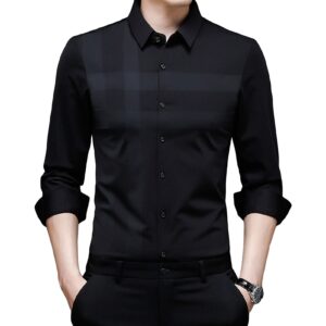 men plaid wrinkle free dress shirt turn-down collar button down business shirts casual slim fit long sleeve shirts (black,3x-large)