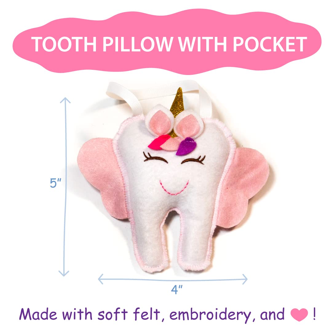 Tooth Fairy Pillow for Girls, Fun Tooth Fairy Kit Includes (1) Unicorn Tooth Fairy Pouch with Door Hanger, (4) Money Stickers, Fairy Glitter Dust, (8) Magical Toothfairy Notes and Fun Receipts