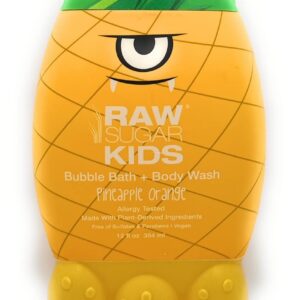 Kids 2-in-1 Banana + Strawberry Shampoo & Conditioner, Pineapple + Orange Bubble Bath & Body Wash by Raw Sugar 12 fl oz (Pack of 2) + Loofah