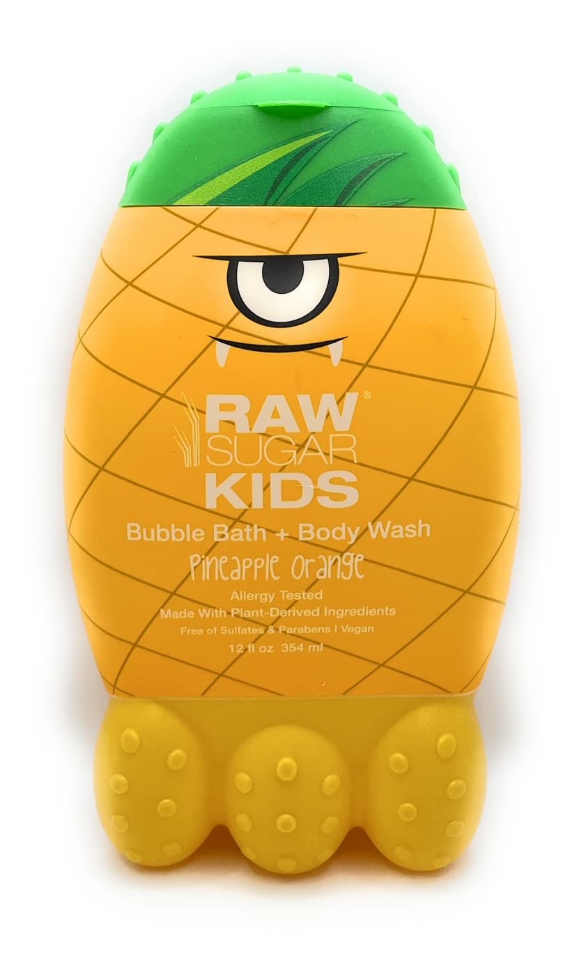 Kids 2-in-1 Banana + Strawberry Shampoo & Conditioner, Pineapple + Orange Bubble Bath & Body Wash by Raw Sugar 12 fl oz (Pack of 2) + Loofah