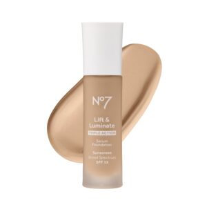 no7 lift & luminate triple action serum foundation - warm ivory - liquid foundation makeup with spf 15 for dewy, glowy base - radiant serum foundation for mature skin (30ml)