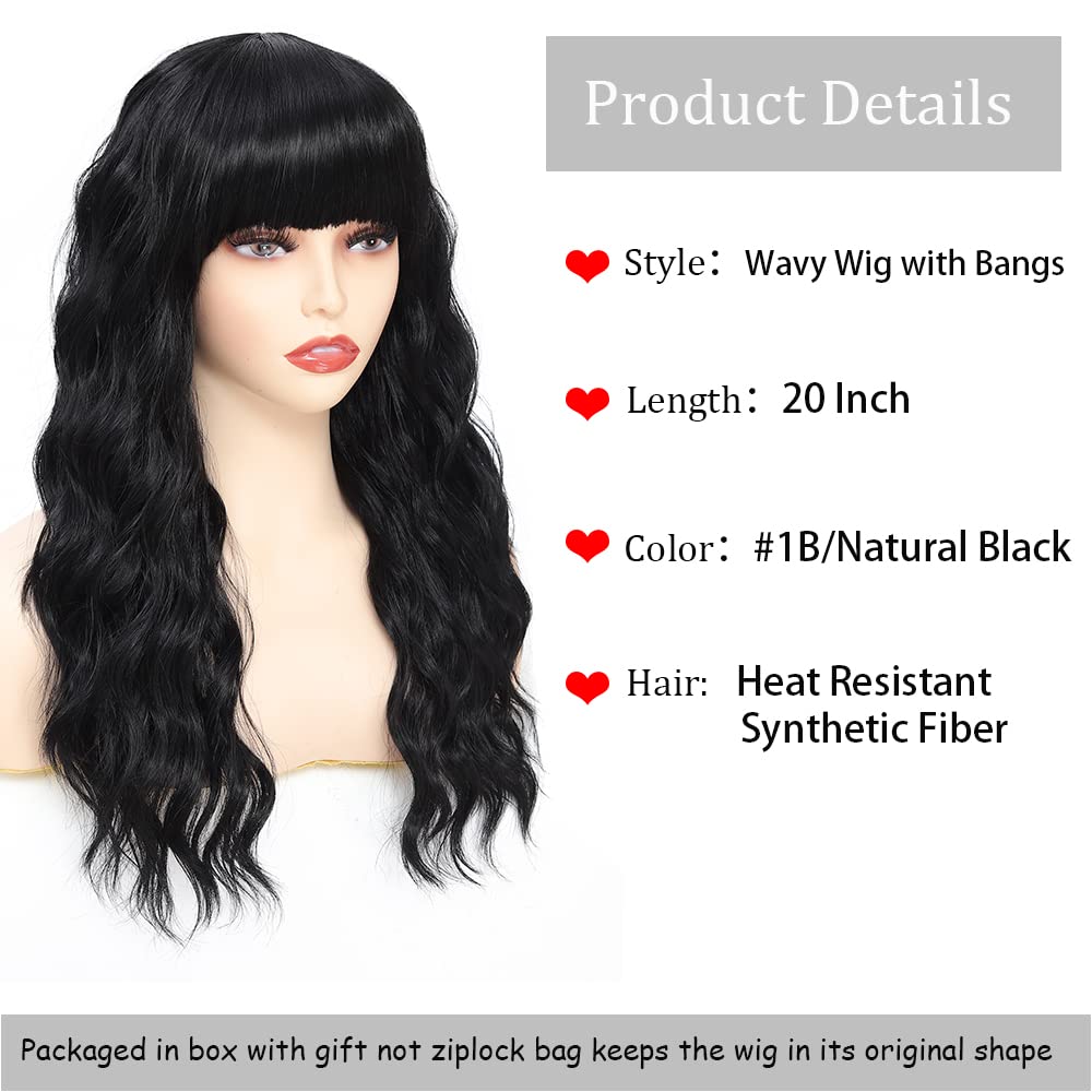 X-TRESS 22 Inches Synthetic Black Wavy Wigs with Bangs Synthetic Natural Curly Bang Black Wigs for Women Synthetic Hair Heat Resistant Fiber Hair Wigs for Daily Party Black Wig（1B）