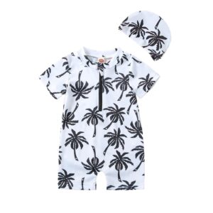 infant baby boys one piece swimsuit cute shark print short sleeve zip up rashguard swimwear bathing suit (white# coconut tree, 0-3 months)