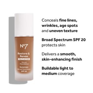 No7 Restore & Renew Multi Action Serum Foundation - Cool Vanilla - Liquid Foundation Makeup with Vitamin C, Vitamin E & Collagen for Face - Beauty Skin Serum Formula with Medium Coverage (30ml)