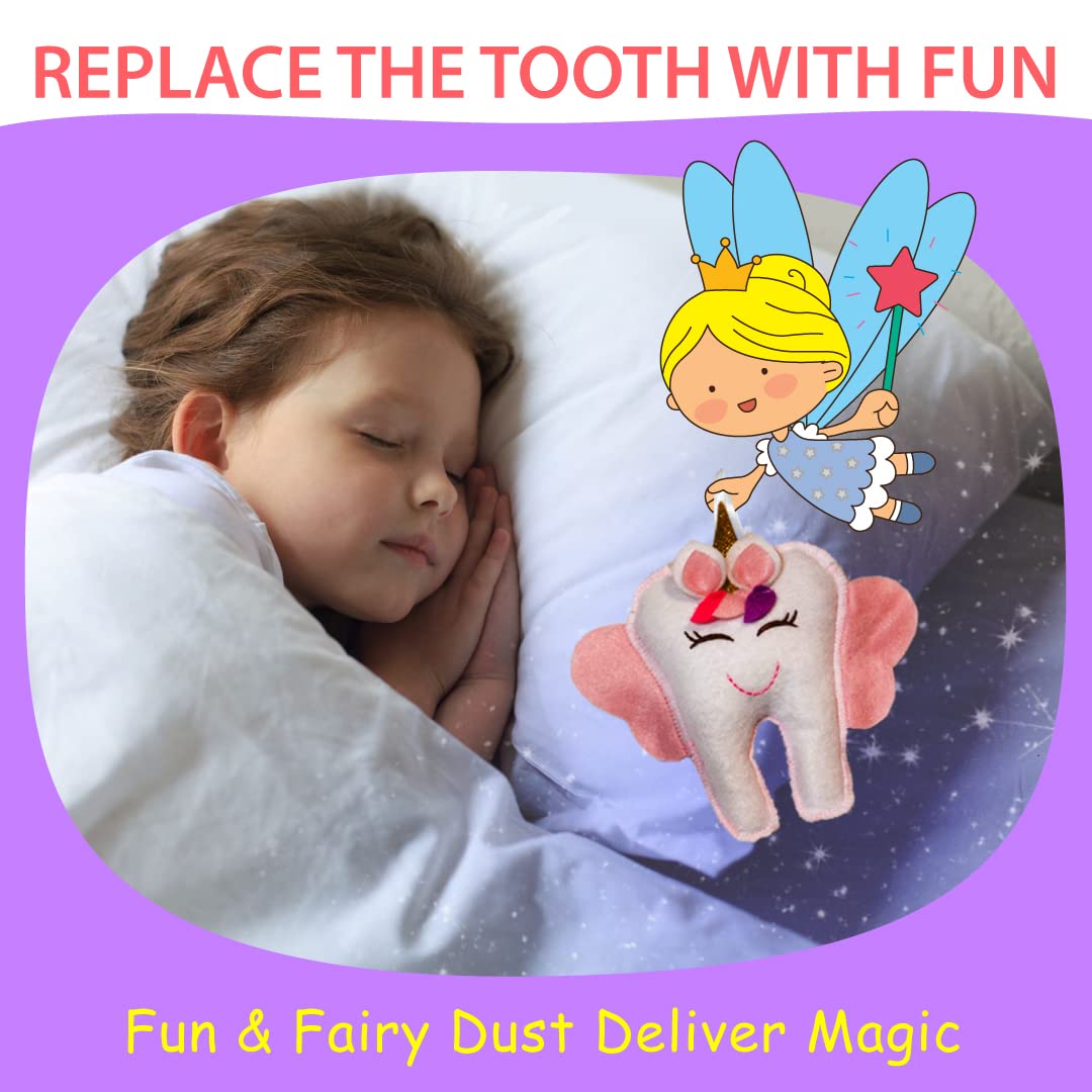 Tooth Fairy Pillow for Girls, Fun Tooth Fairy Kit Includes (1) Unicorn Tooth Fairy Pouch with Door Hanger, (4) Money Stickers, Fairy Glitter Dust, (8) Magical Toothfairy Notes and Fun Receipts