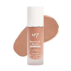 no7 restore & renew multi action serum foundation - wheat - liquid foundation makeup with vitamin c, vitamin e & collagen for face - beauty skin serum formula with medium coverage (30ml)