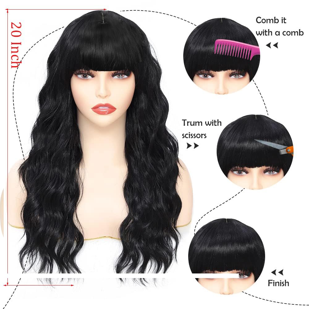 X-TRESS 22 Inches Synthetic Black Wavy Wigs with Bangs Synthetic Natural Curly Bang Black Wigs for Women Synthetic Hair Heat Resistant Fiber Hair Wigs for Daily Party Black Wig（1B）