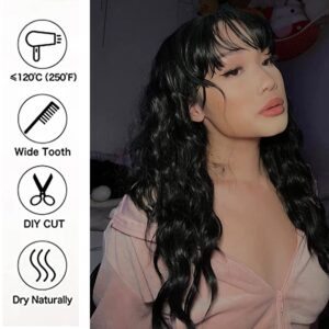 X-TRESS 22 Inches Synthetic Black Wavy Wigs with Bangs Synthetic Natural Curly Bang Black Wigs for Women Synthetic Hair Heat Resistant Fiber Hair Wigs for Daily Party Black Wig（1B）