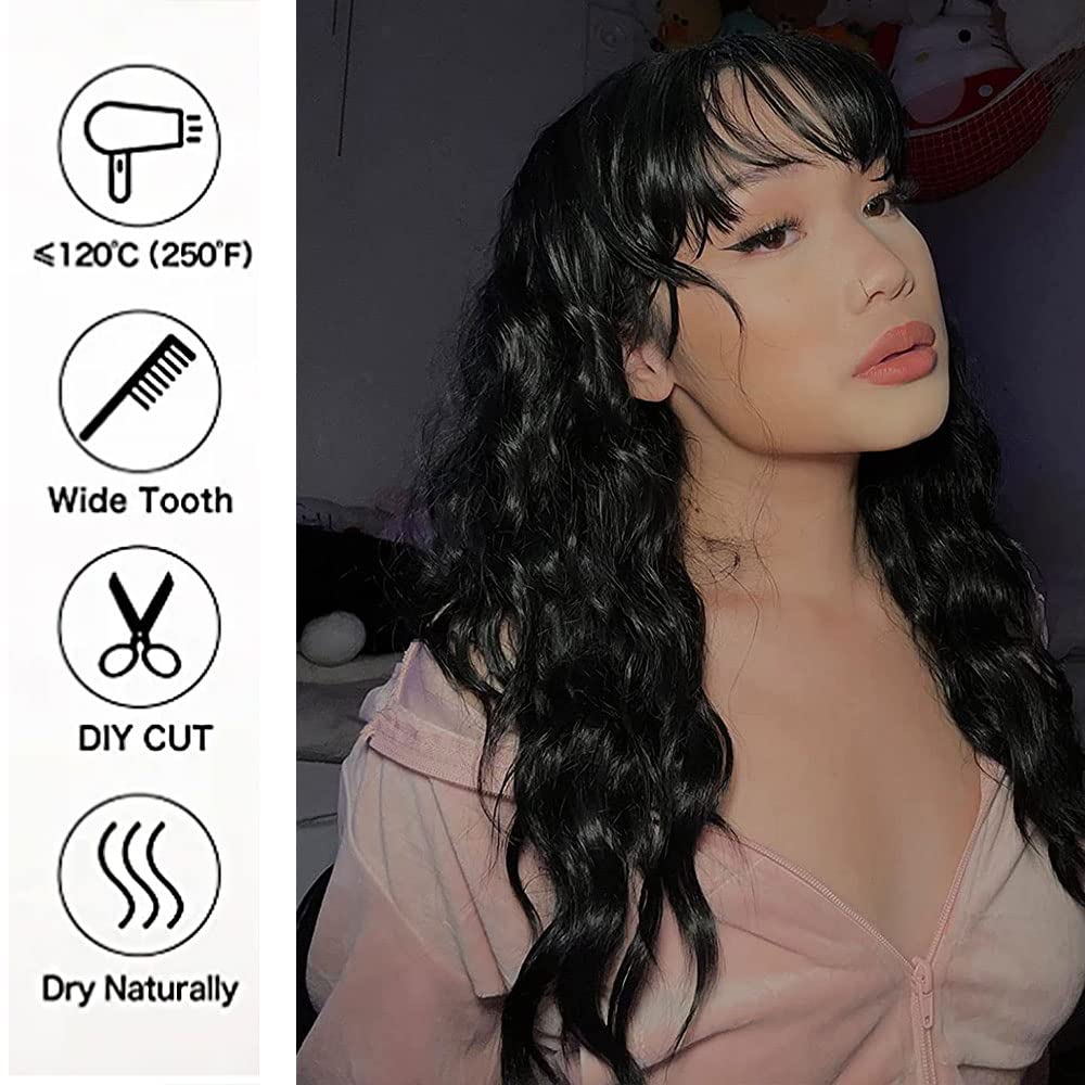 X-TRESS 22 Inches Synthetic Black Wavy Wigs with Bangs Synthetic Natural Curly Bang Black Wigs for Women Synthetic Hair Heat Resistant Fiber Hair Wigs for Daily Party Black Wig（1B）