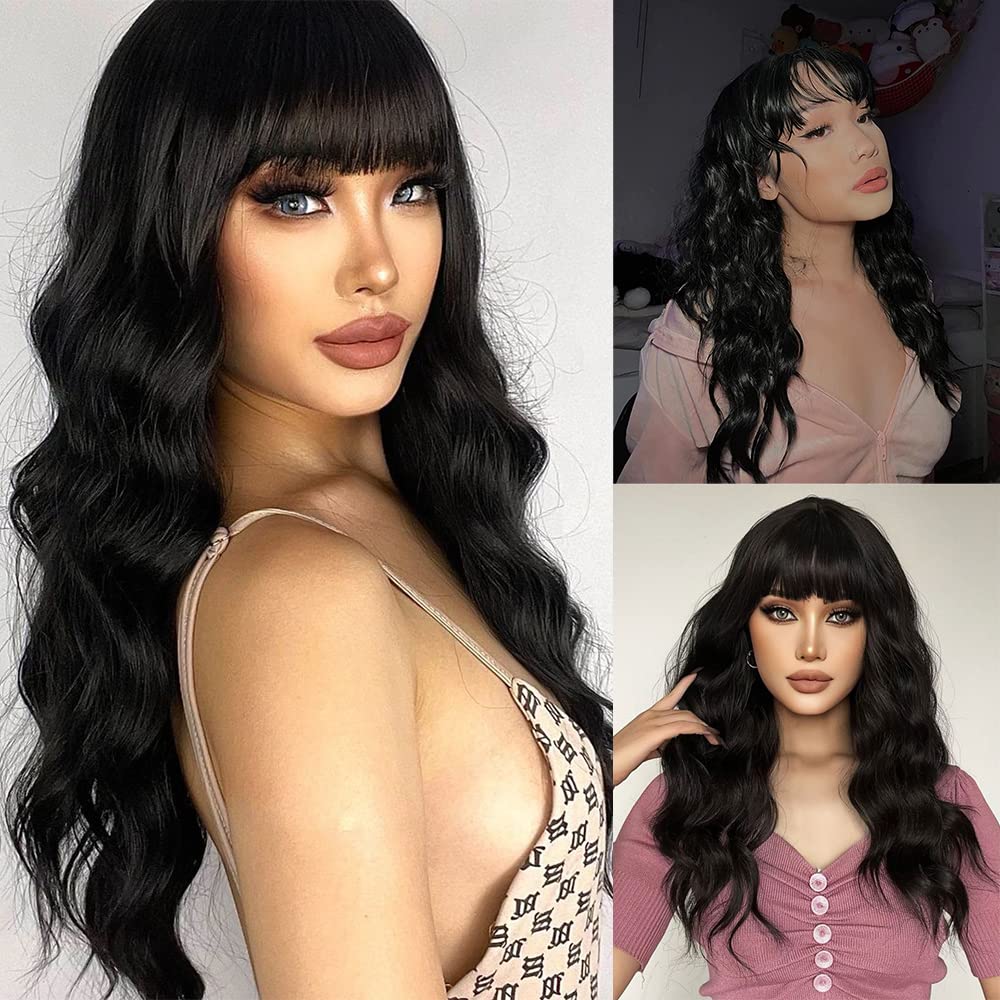 X-TRESS 22 Inches Synthetic Black Wavy Wigs with Bangs Synthetic Natural Curly Bang Black Wigs for Women Synthetic Hair Heat Resistant Fiber Hair Wigs for Daily Party Black Wig（1B）