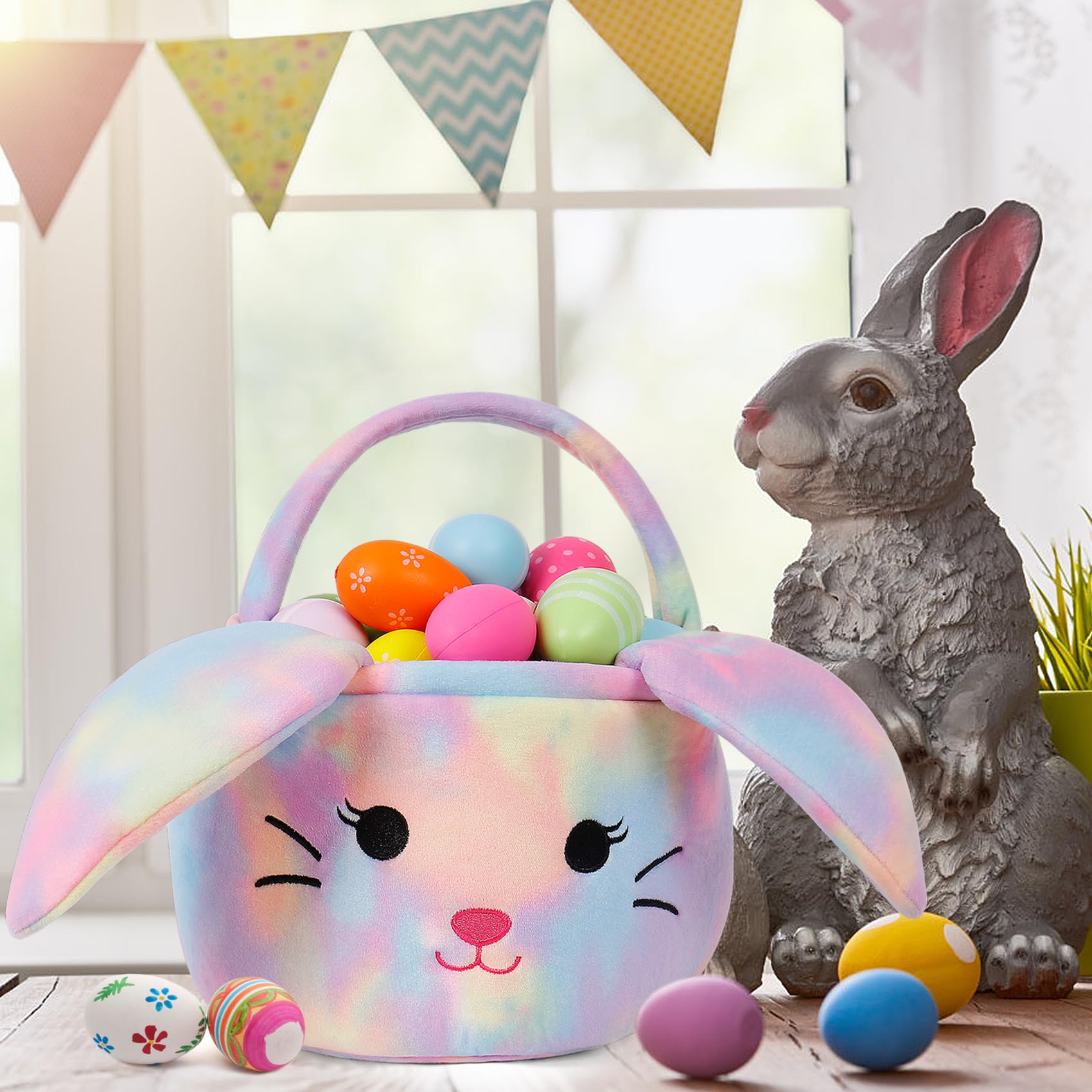 Easter Bunny Baskets for Kids, Egg Hunt Bags Plush Rabbit Bucket with Foldable Ears Easter Gifts for boys and girls