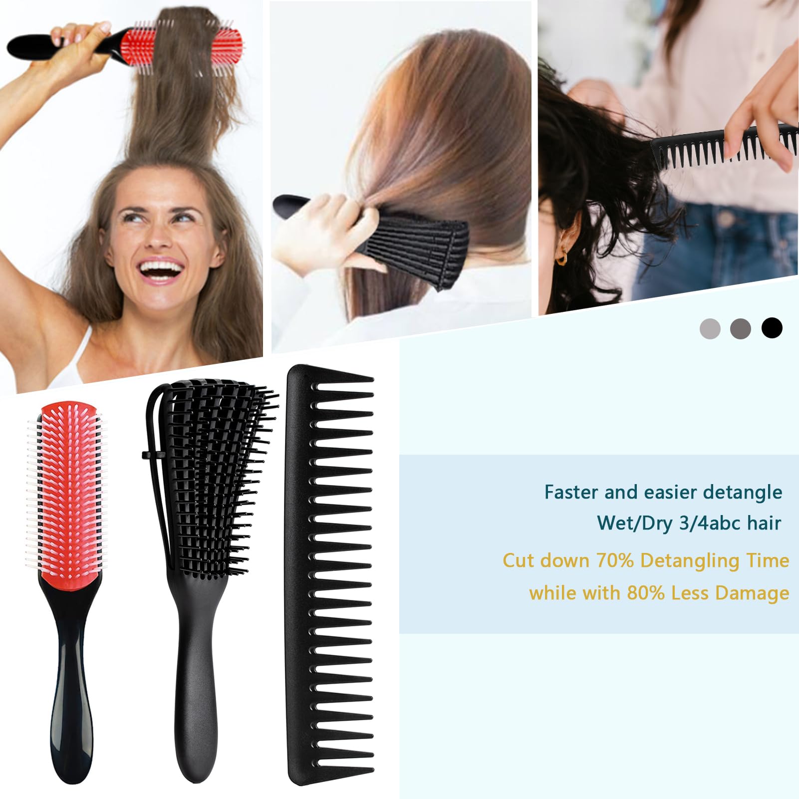 WOZUTUNT Curly Hair Brush Set for Women/Men/Kids, Detangler Brush, Wide Tooth Comb, 9 Row Nylon Bristle, Rosemary Hair Growth Oil - 4 Count (DB-black-4pcs)