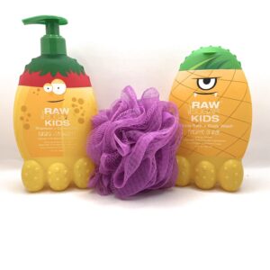 Kids 2-in-1 Banana + Strawberry Shampoo & Conditioner, Pineapple + Orange Bubble Bath & Body Wash by Raw Sugar 12 fl oz (Pack of 2) + Loofah