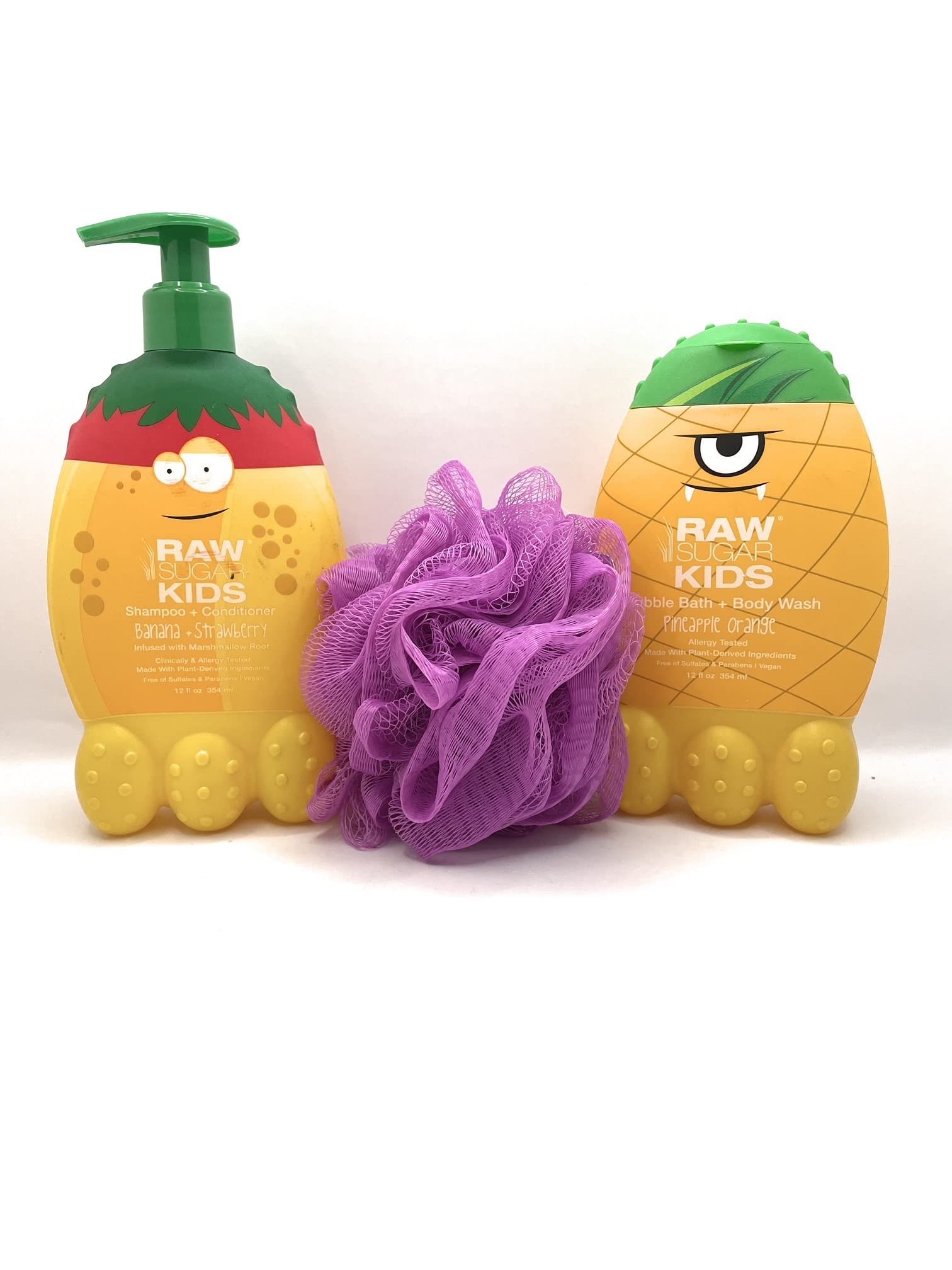 Kids 2-in-1 Banana + Strawberry Shampoo & Conditioner, Pineapple + Orange Bubble Bath & Body Wash by Raw Sugar 12 fl oz (Pack of 2) + Loofah