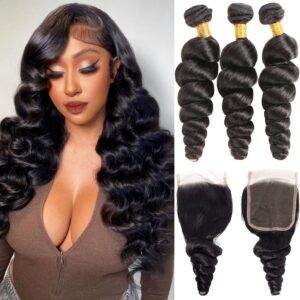 loose wave bundles with closure (16 18 20 +14) wet and wavy brazilian virgin ocean wave human hair 3 bundles with 4x4 lace closure with baby hair free part loose deep wave human hair extensions