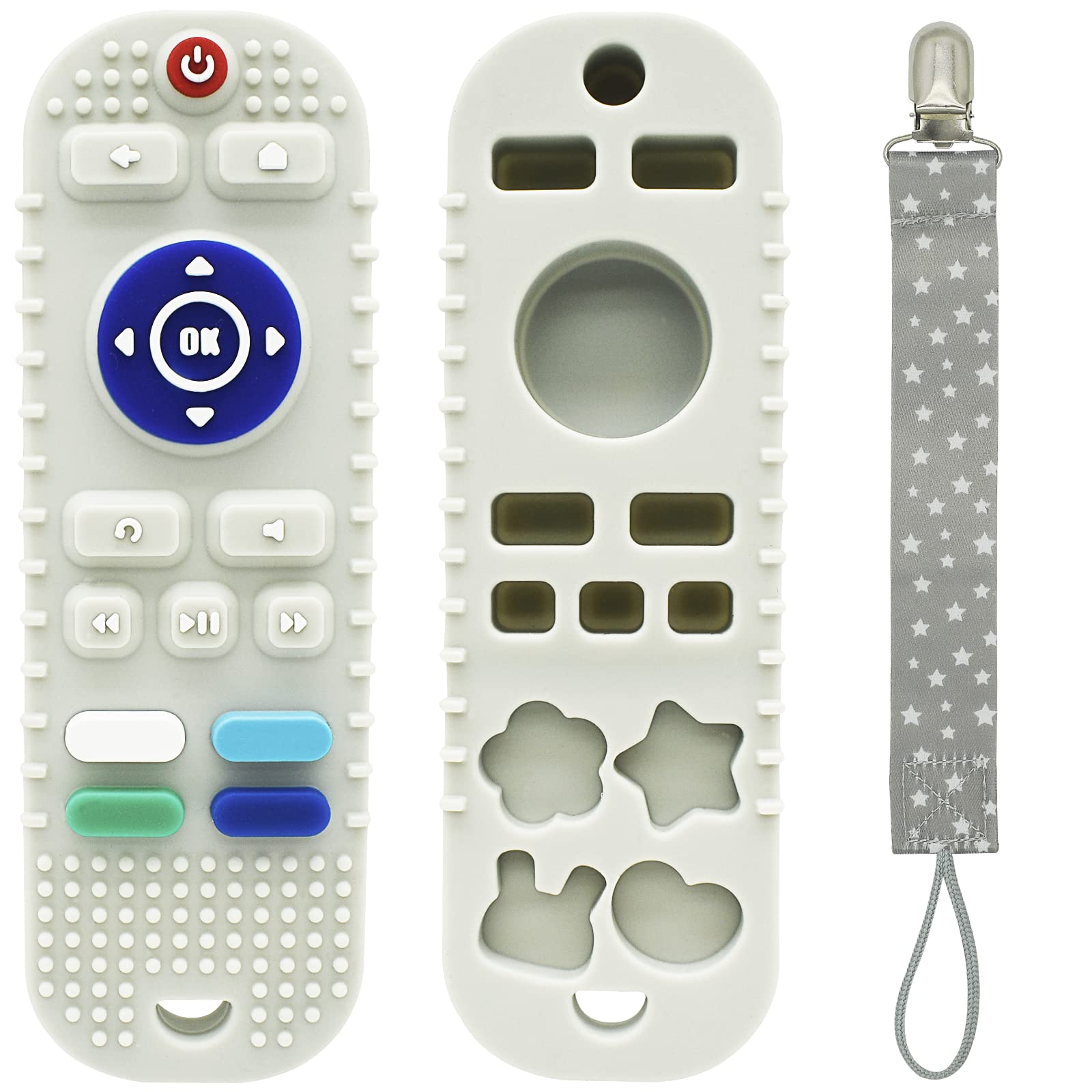 Remote Control Teether Toy for Babies 6 to 12 Months,Baby Teething Toys Tv Remote Shape with Pacifier Clip（White）