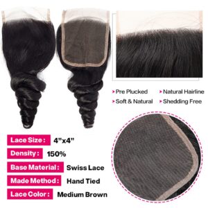 Loose Wave Bundles with Closure (16 18 20 +14) Wet and Wavy Brazilian Virgin Ocean wave Human Hair 3 Bundles with 4x4 Lace Closure with Baby Hair Free Part Loose Deep Wave Human Hair Extensions