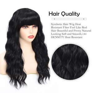 X-TRESS 22 Inches Synthetic Black Wavy Wigs with Bangs Synthetic Natural Curly Bang Black Wigs for Women Synthetic Hair Heat Resistant Fiber Hair Wigs for Daily Party Black Wig（1B）