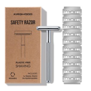 kinghood copper double edge safety razor with 10 razor blades, long handle & weighted razor, single blade for sensitive skin