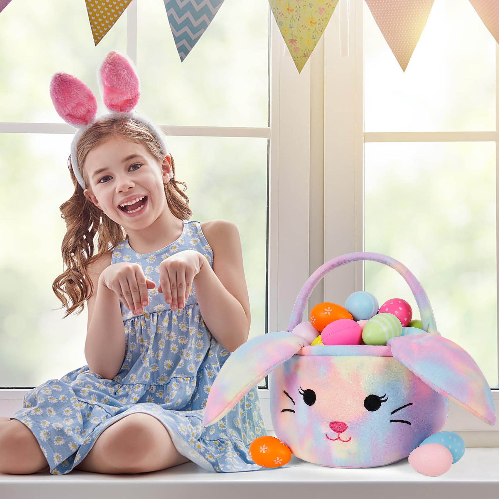 Easter Bunny Baskets for Kids, Egg Hunt Bags Plush Rabbit Bucket with Foldable Ears Easter Gifts for boys and girls