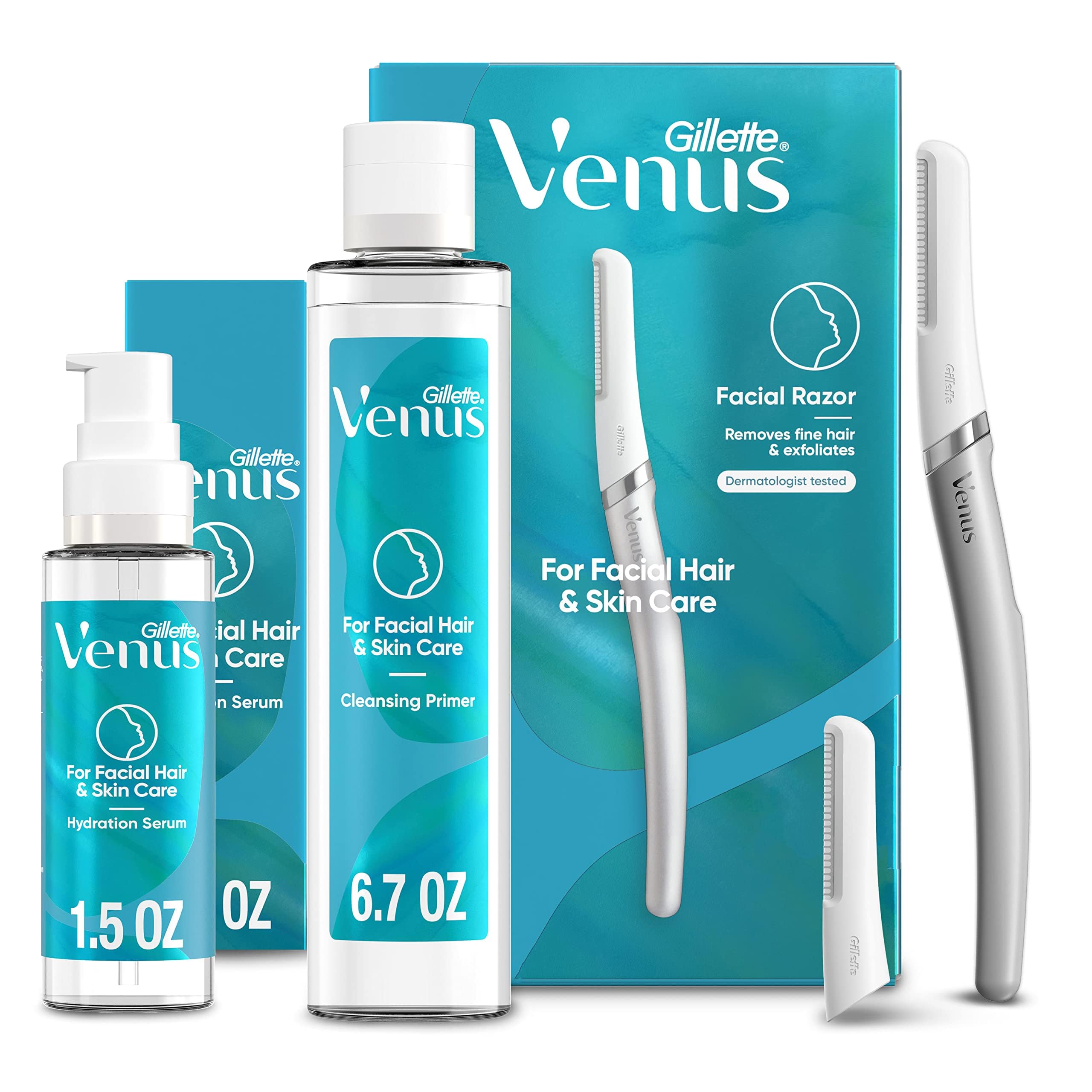 Gillette Venus Facial Razor Dermaplaning Kit, Dermaplaning Tool with 2 Blades, Pre Dermaplane Cleanser and Oil, Post Dermaplane Moisturizer Serum, Eyebrow Razor, Dermaplane Razor for Women Face