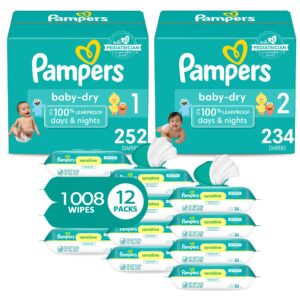 pampers baby dry disposable baby diapers starter kit (2 month supply), sizes 1 (252 count) & 2 (234 count), with sensitive water based baby wipes 12x multi pack pop-top and refill (1008 count)