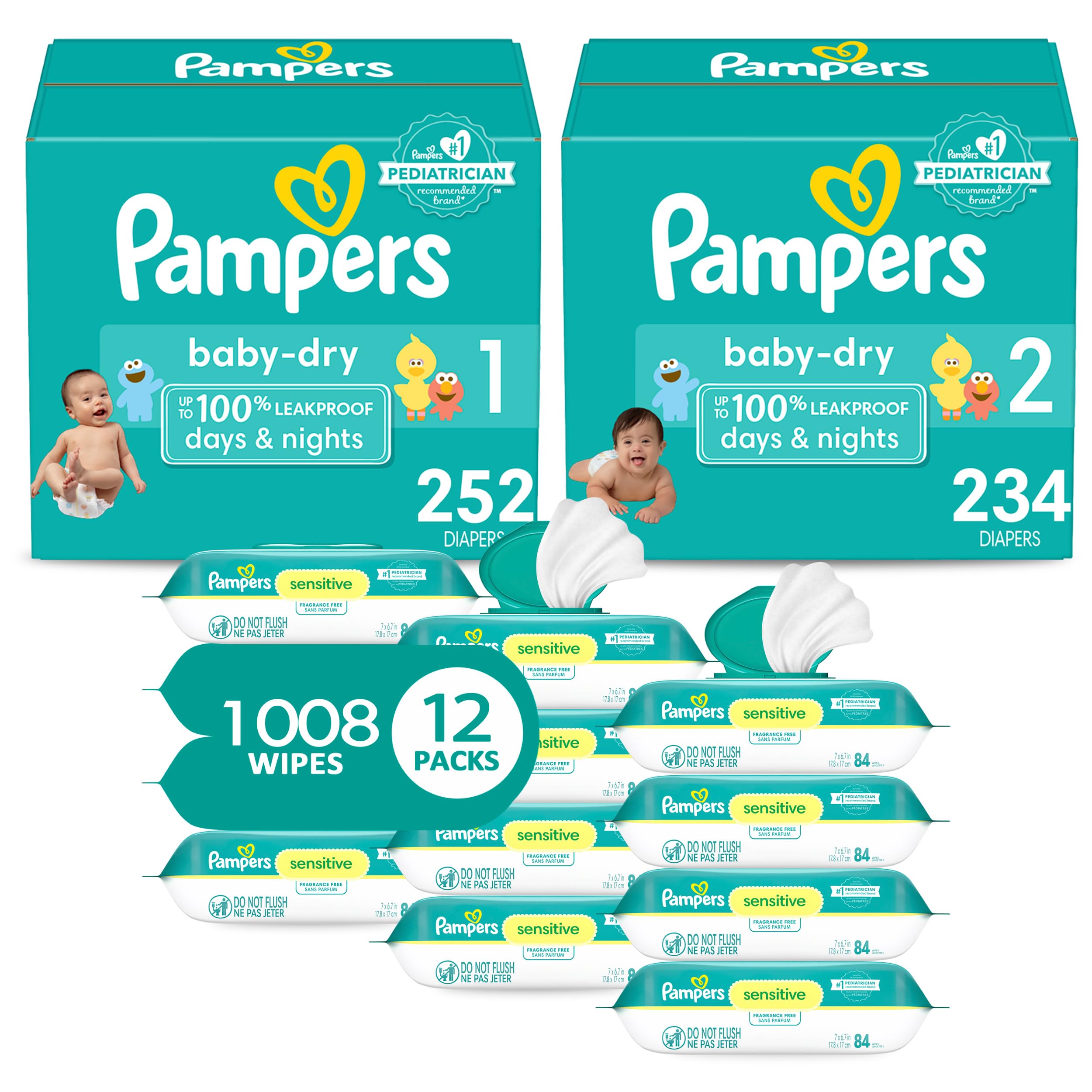 Pampers Baby Dry Disposable Baby Diapers Starter Kit (2 Month Supply), Sizes 1 (252 Count) & 2 (234 Count), with Sensitive Water Based Baby Wipes 12X Multi Pack Pop-Top and Refill (1008 Count)