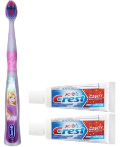 oral-b princess toothbrush for little girls, extra soft, characters rapunzel - 1 count and kids cavity protection toothpaste, sparkle fun size 0.85oz (24g) - pack of 2 set for age 3+