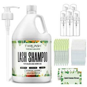 lash shampoo bulk, eyelash cleanser for extensions 1 gallon / 3.8l - includes 50 aftercare kits, 5 foam pump bottles, dispenser pump - eyelid foaming cleanser for professional salon and home use