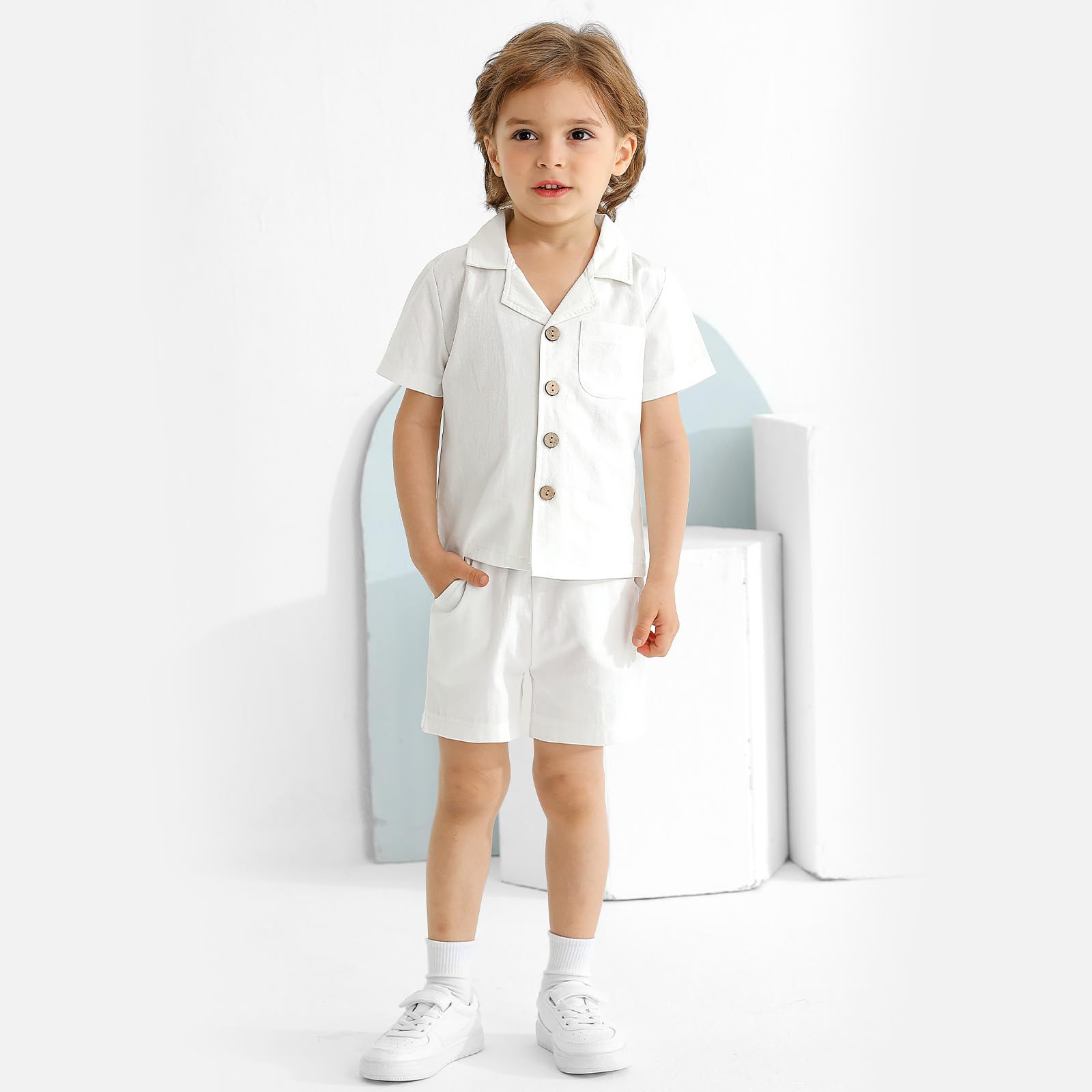 Baby Boy Clothes Set Toddler Summer Outfit Cotton Linen Short Sleeve T-Shirt Top Pocket Button-Down Shirt Short Set White