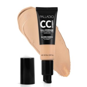 palladio full-coverage color correction cc cream, oil-free with peptides & vitamin c, best for correcting redness and uneven skin tone, buildable foundation coverage (light 21c)