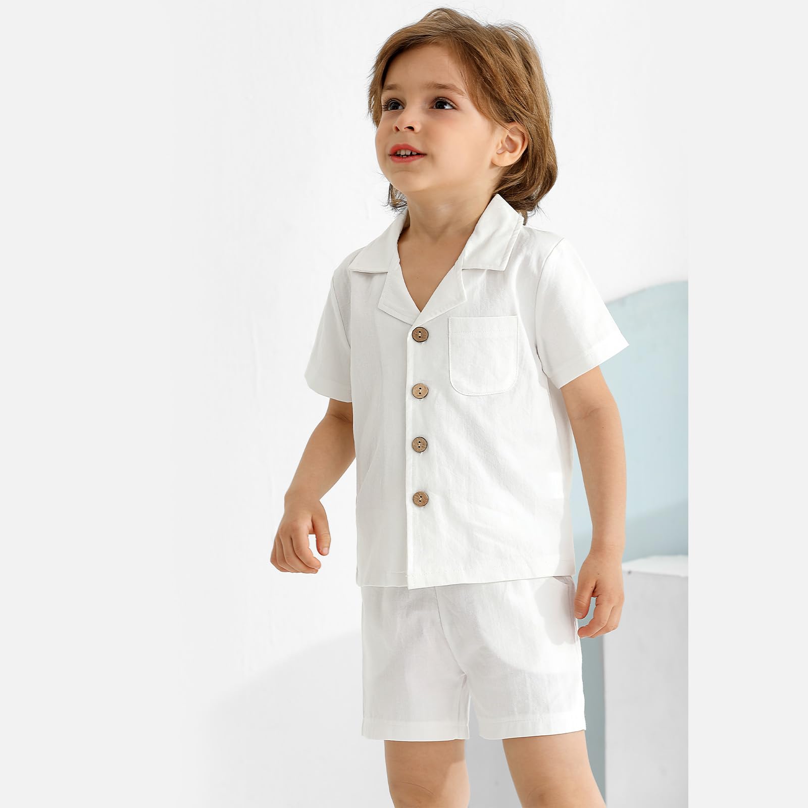 Baby Boy Clothes Set Toddler Summer Outfit Cotton Linen Short Sleeve T-Shirt Top Pocket Button-Down Shirt Short Set White