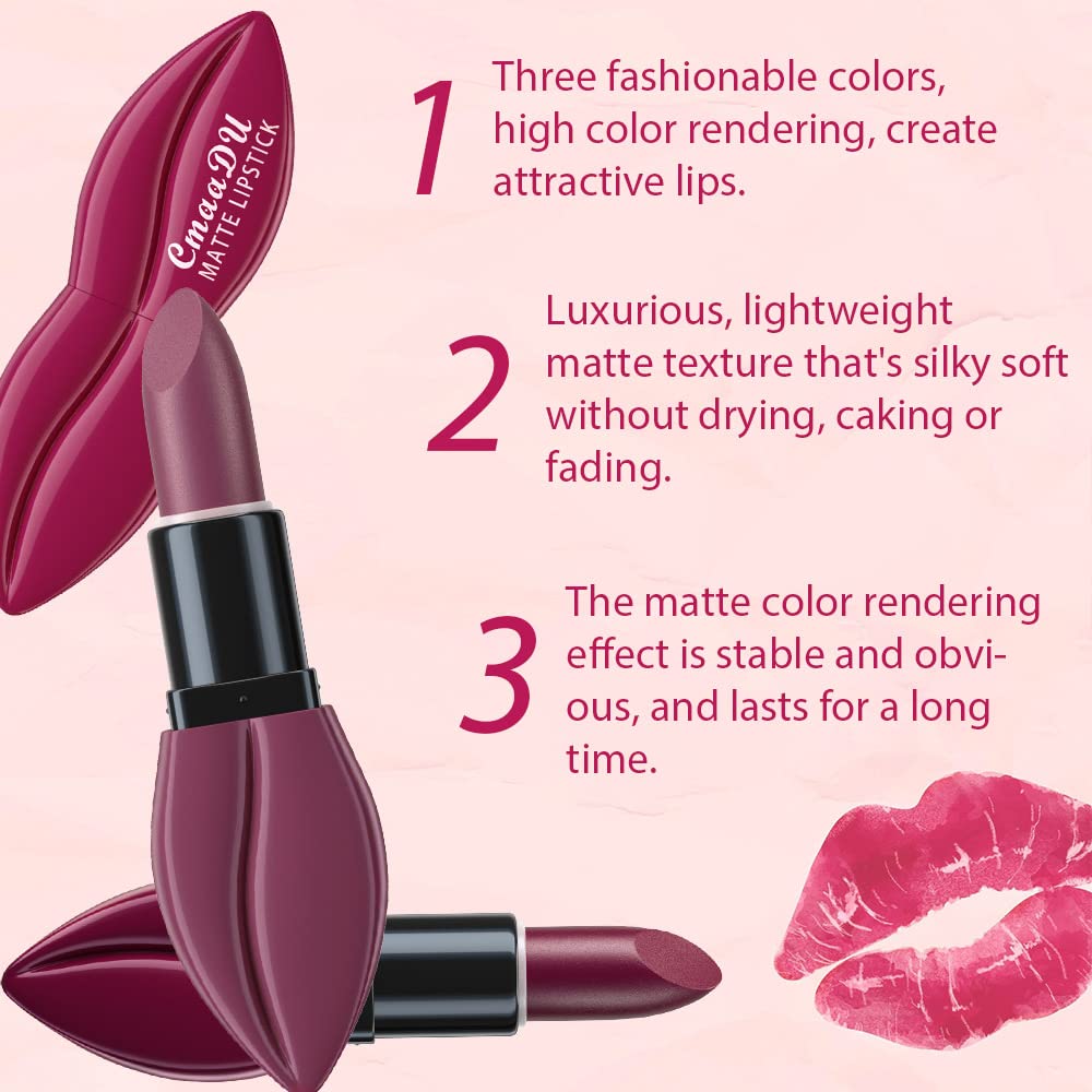 evpct 3Pcs Dark Purple Rose red Mauve Matte Velvet Lipstick Set Long Lasting Waterproof Smudge Proof 24 Hours Lip Stick Packs Lip Stain Makeup Set for Women labiales matte larga duracion 24 03#04#08#