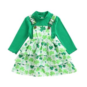 bowanadacles kid toddler baby girl st. patrick 's day outfit long sleeve high collar top shirt suspender cake skirt clothes (green, 18-24 months)