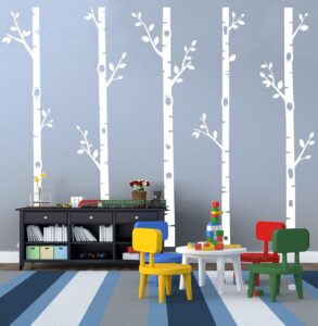 giant tree wall decals 5 birch tree wall stickers woodland wall stickers for baby kids nursery bedroom living room wall decorations (100", white)