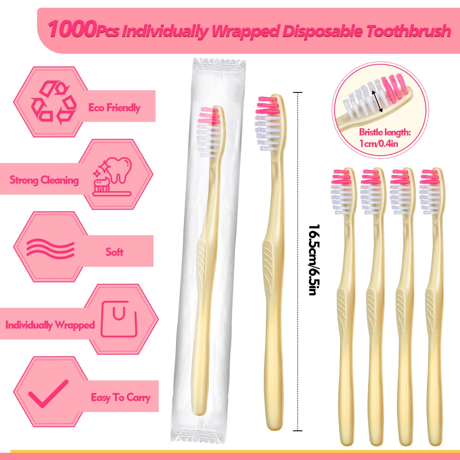 Tessco 1000 Pcs Disposable Toothbrushes Bulk Individually Wrapped Manual Soft Bristle Travel Toothbrushes Single Use Toothbrush for Homeless Hotel Toiletries Camping Office(Yellow)