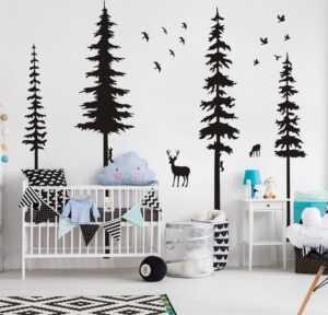 pine tree wall decals woodland vinyl wall sticker forest wall decals with animal wall stickers squirrels deers wall stickers for kids nursery children room living room wall decoration (black)