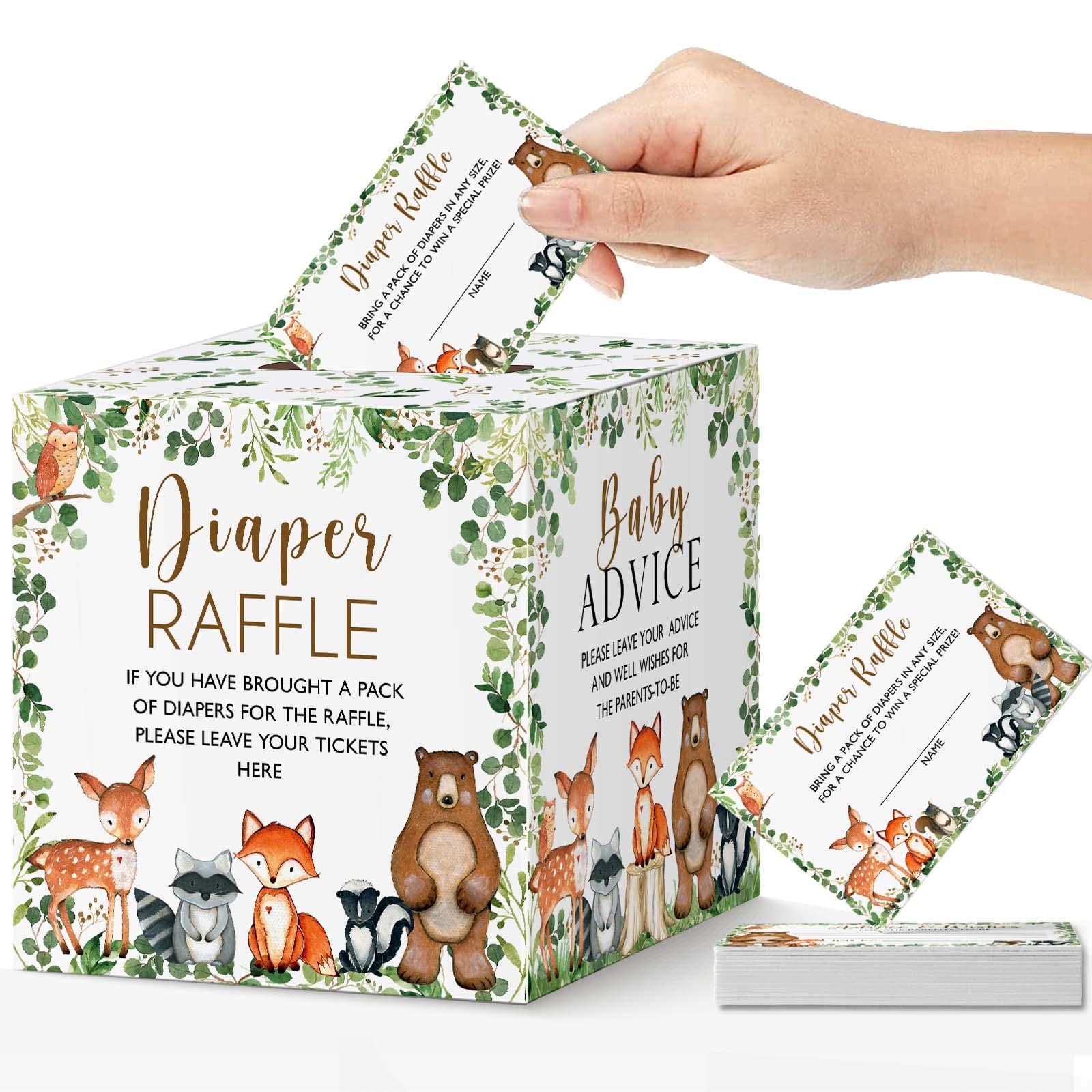 Yuzioey Woodland Diaper Raffle Tickets and Baby Advice, Woodland Forest Baby Shower Diaper Raffle Game Box Tickets, Diaper Raffle Tickets for Woodland Gender Neutral Baby Shower