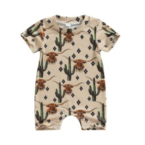 muasaaluxi western baby girl boy clothes short sleeve cow print romper one piece bodysuit shorts summer outfit (khaki, 3-6 months)