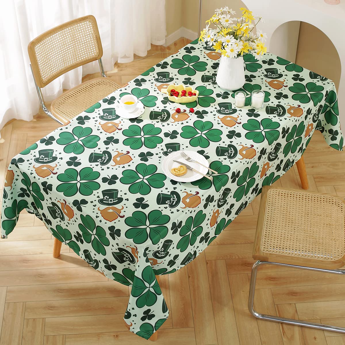 SASTYBALE St. Patrick’s Day Tablecloth Rectangle 52 x 70 Inch, Green Clover Shamrock Hat Polyester Table Cloth, Spill Proof Wrinkle Free Table Cover for Spring, Dining, Party, Holiday