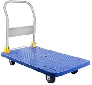 platform truck with 1320lb weight capacity and 360 degree swivel wheels, foldable push hand cart for loading and storage, blue