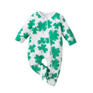 kosusanill baby gbaby girl boy st patricks day outfit clothes newborn infant one piece long sleeve zipper lucky clover romper irish shamrock footie jumpsuit (green irish shamrock, 0-3 months)