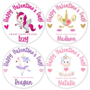 personalized unicorn valentine's day stickers for kids class party favors, custom gift bag labels for girls, 2-inch, 20-count