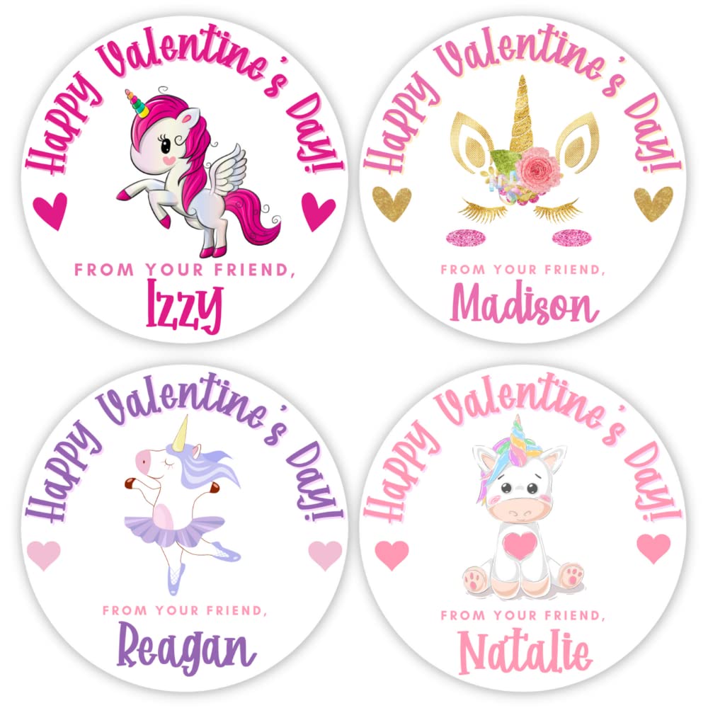 Personalized Unicorn Valentine's Day Stickers for Kids Class Party Favors, Custom Gift Bag Labels for Girls, 2-inch, 20-Count