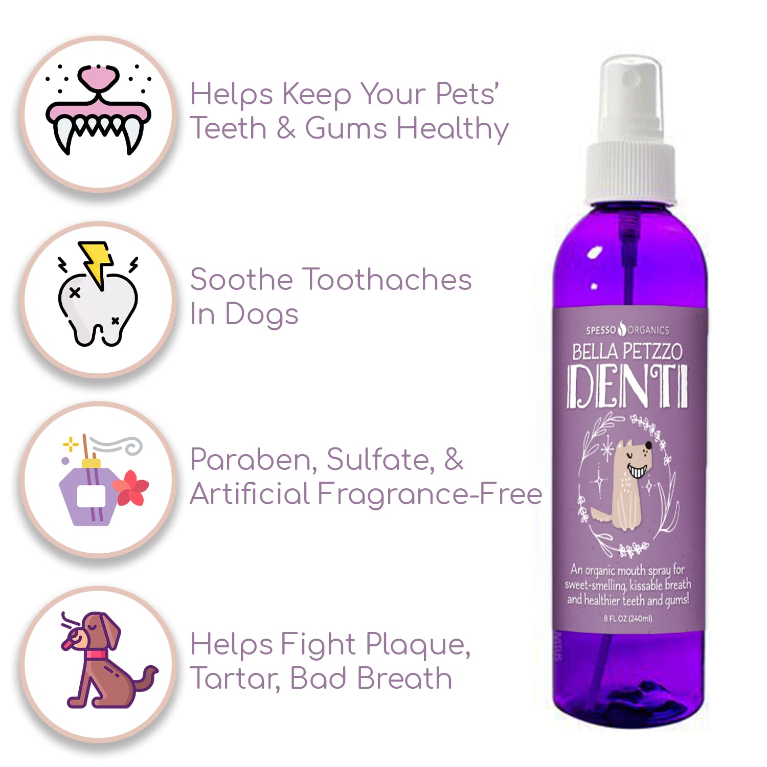 Bella PETZZO DENTI - Organic Dental Mouth Spray for Dogs-Helps Fight Plaque, Tartar, Bad Breath, Gums, Provides Kissable Fresh Breath, Made with Coconut Oil, Coriander, Myrrh - 8 Fl Oz (240ml