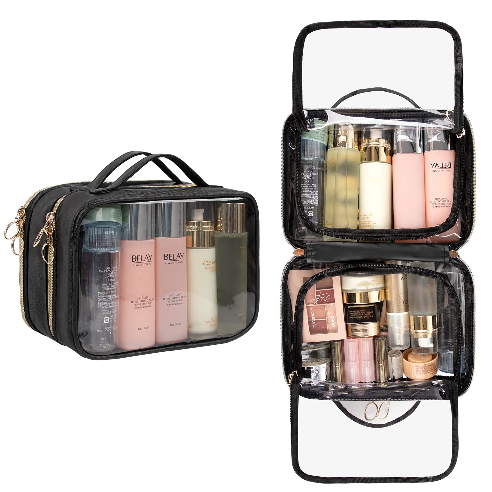 OCHEAL Makeup Bag, Double Layer Cosmetic Bag, Large Capacity New Look Clear Cosmetic Case for Women Travel Beauty Essentials, Multiple Compartments Makeup Case Organizer Zipper Pouch -Black