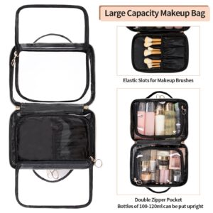 OCHEAL Makeup Bag, Double Layer Cosmetic Bag, Large Capacity New Look Clear Cosmetic Case for Women Travel Beauty Essentials, Multiple Compartments Makeup Case Organizer Zipper Pouch -Black