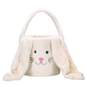 e-firstfeeling plush easter bunny basket easter basket for kids easter egg hunt basket with ears bunny bucket tote for easter eggs candy (plush-white)